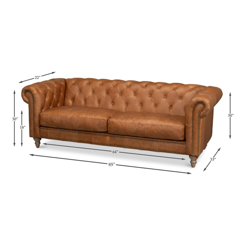 Sarreid Ltd Kingston 85" Genuine Leather Rolled Arm Chesterfield Sofa | Wayfair